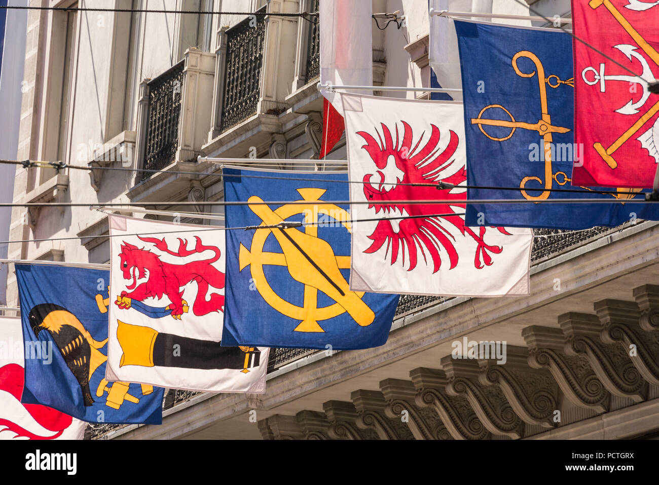 Flags in the Bahnhofstrasse, old town, Zurich, Canton of Zurich ...