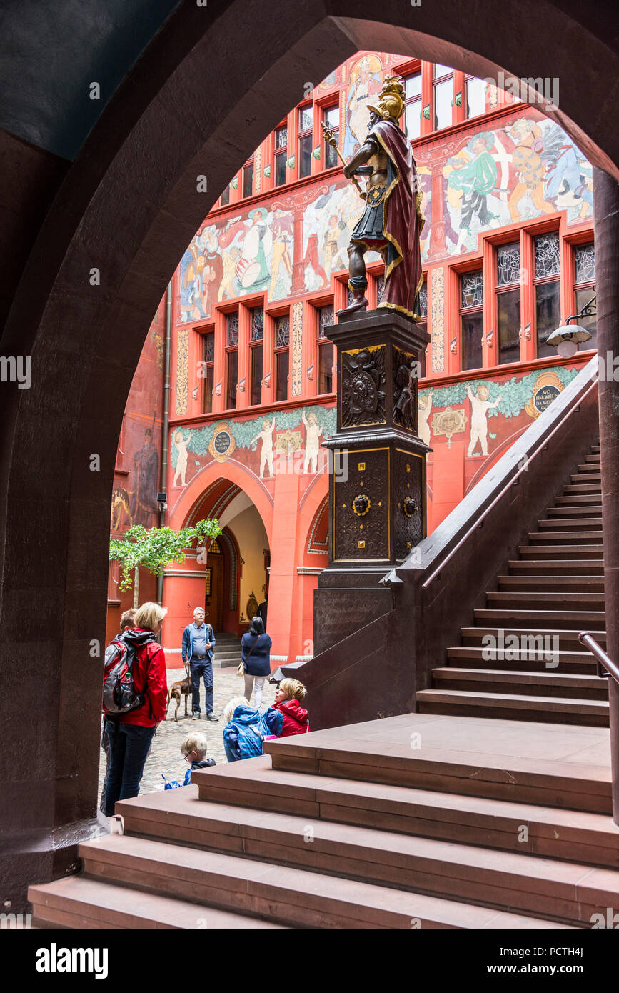 Knight statue in front of Basel Town Hall, Market Square, old town ...