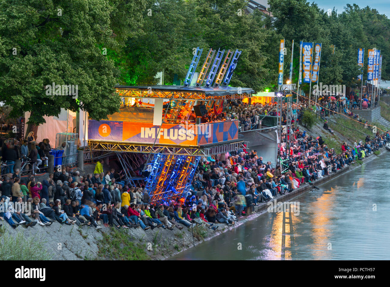 Crowd at the riverbank at the 'Imfluss' Open Air Festival on the banks ...
