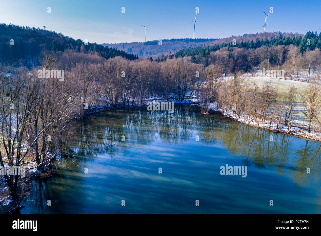 Aerial view, spring, snow remains at the reservoir Winterbach, Baden ...