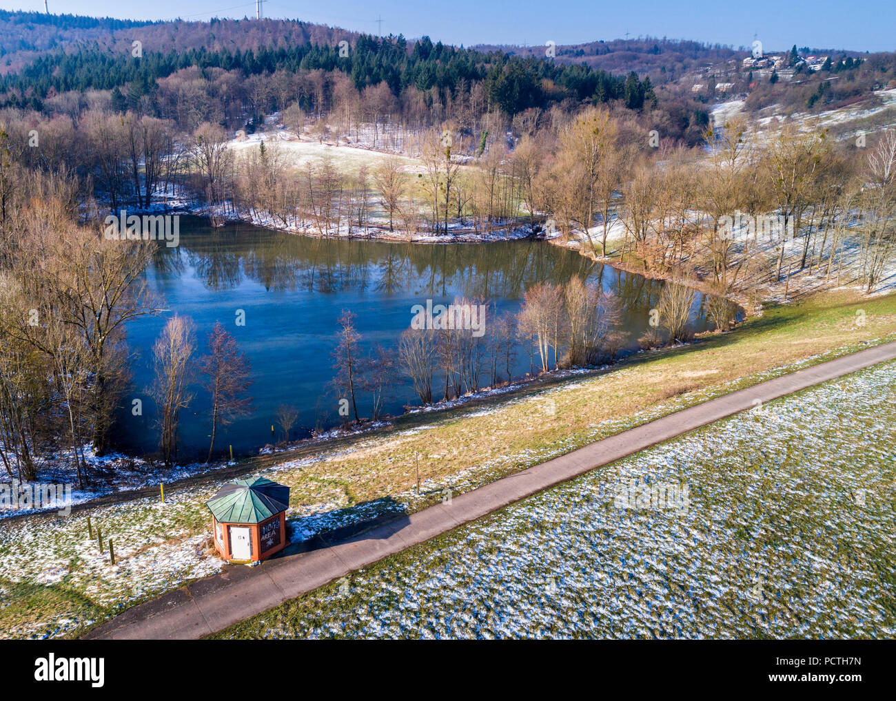 Aerial view, spring, snow remains at the reservoir Winterbach, Baden ...