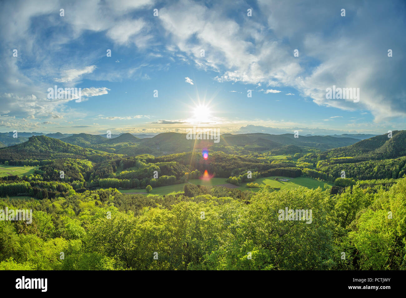 Landscape with sun in spring, Castle Lindelbrunn, Vorderweidenthal ...
