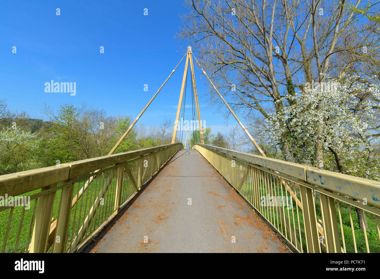 Bicycle bridge over river in spring, Hessigheim, River Neckar ...