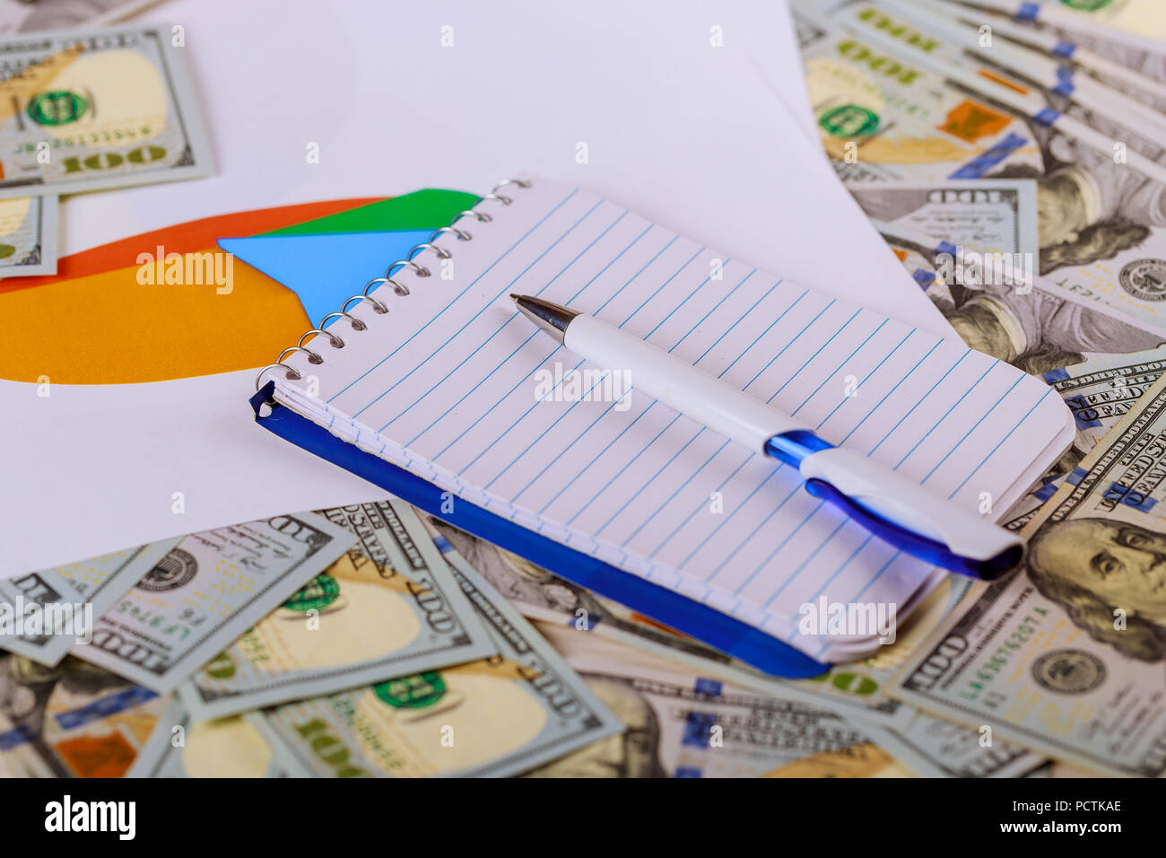 White notepad and money on white background. Business concept. US ...