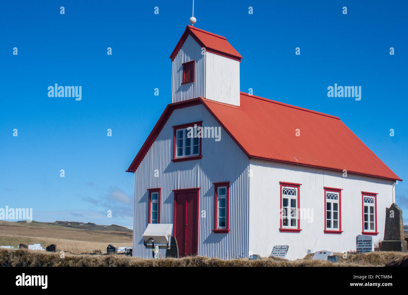 Old style church on Iceland landscape background. White building with ...