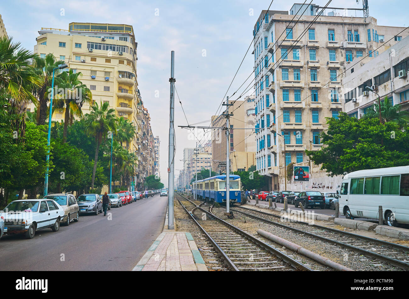 ALEXANDRIA, EGYPT - DECEMBER 18, 2017: The vintage tram of Al Ramlh ...