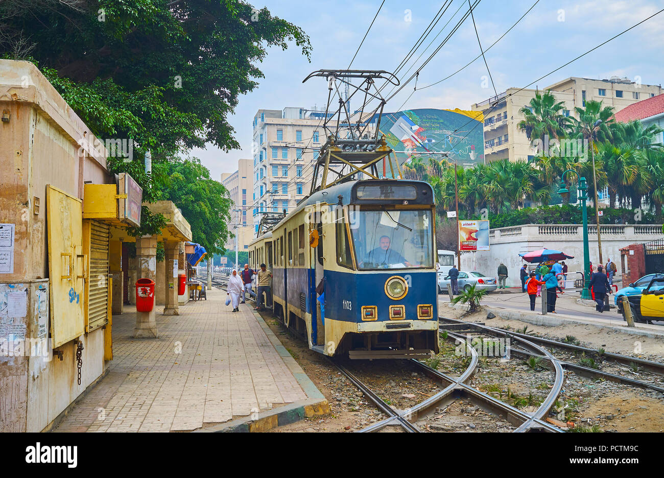 ALEXANDRIA, EGYPT - DECEMBER 18, 2017: Vintage Al Ramlh trams are the ...