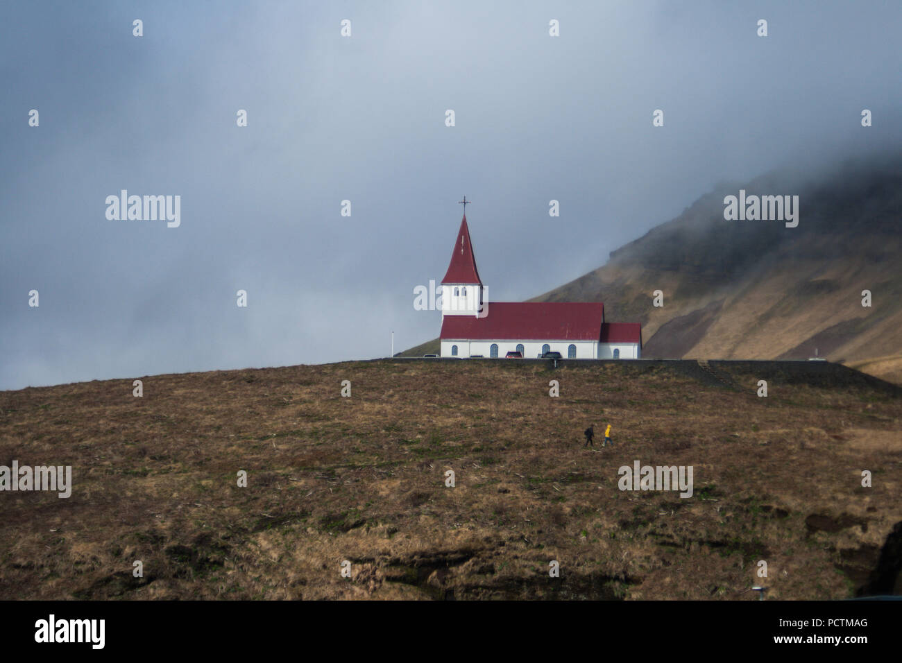 Old style church on Iceland landscape background. White building with ...