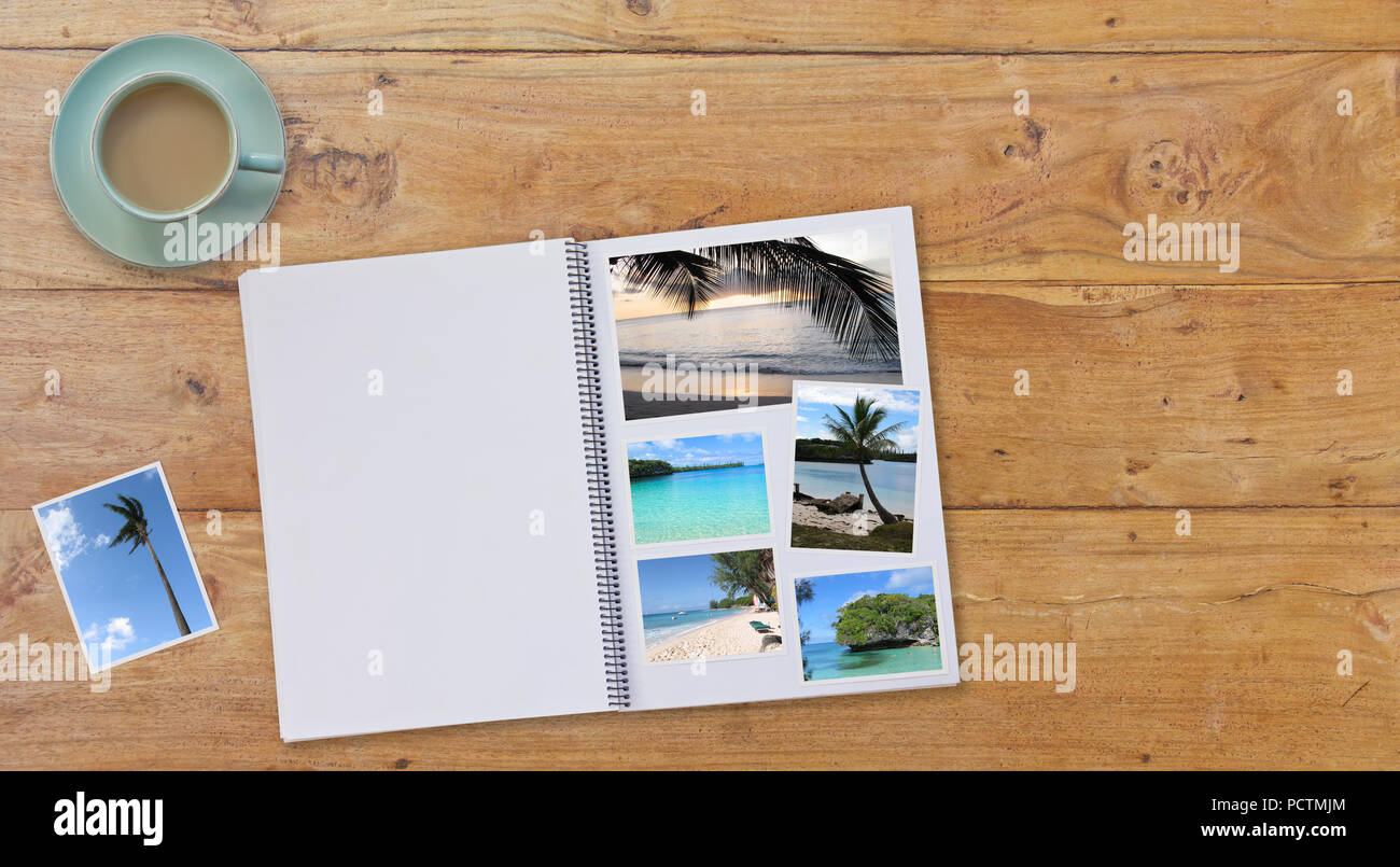 Banner Photobook Album with Travel Photos of beaches on Wooden Table ...