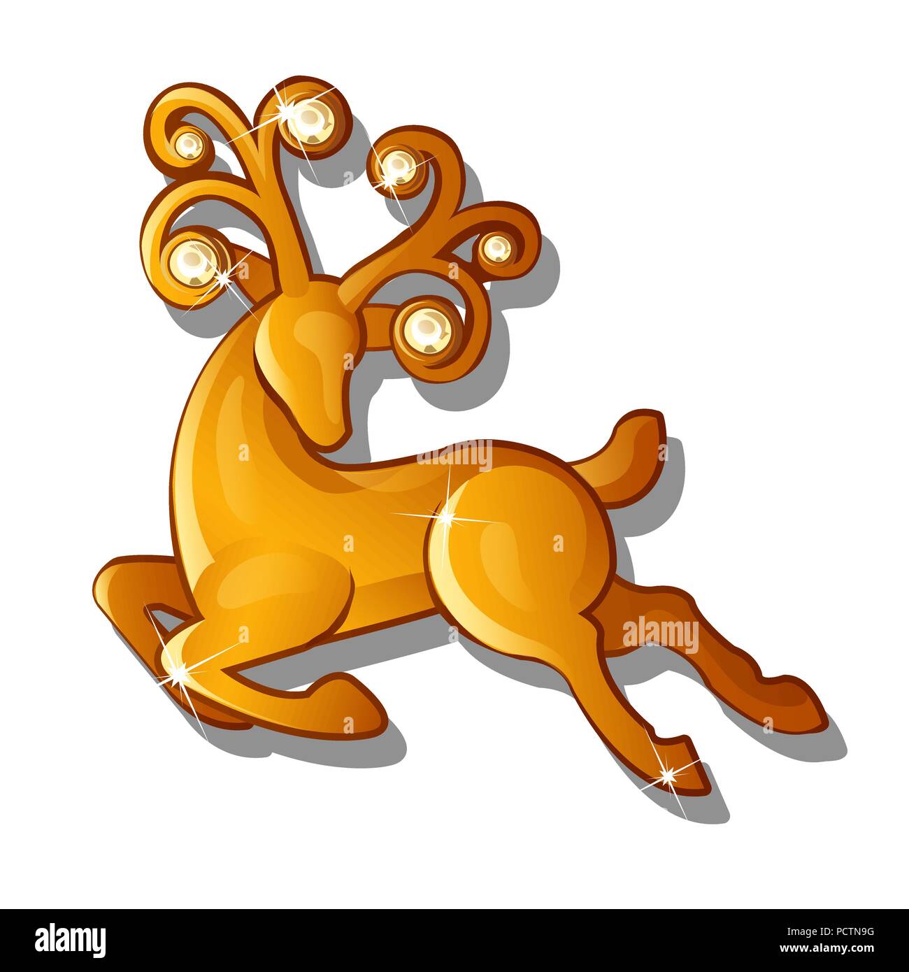 A gold figure of a galloping reindeer isolated on white background ...