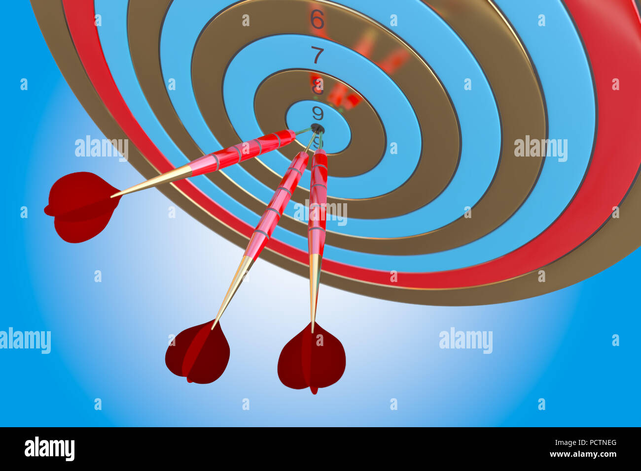 Two three red darts hitting the bullseye aim. concept of success 3d ...