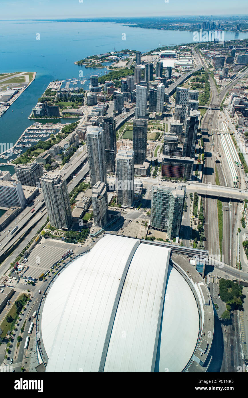 Toronto, Ontario, Canada. View west from top of CN Tower along Lake ...