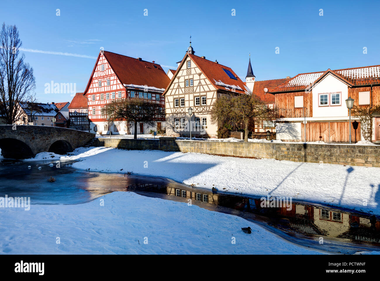 View over the Streu in Nordheim in front of the Rhön, Rhön-Grabfeld ...