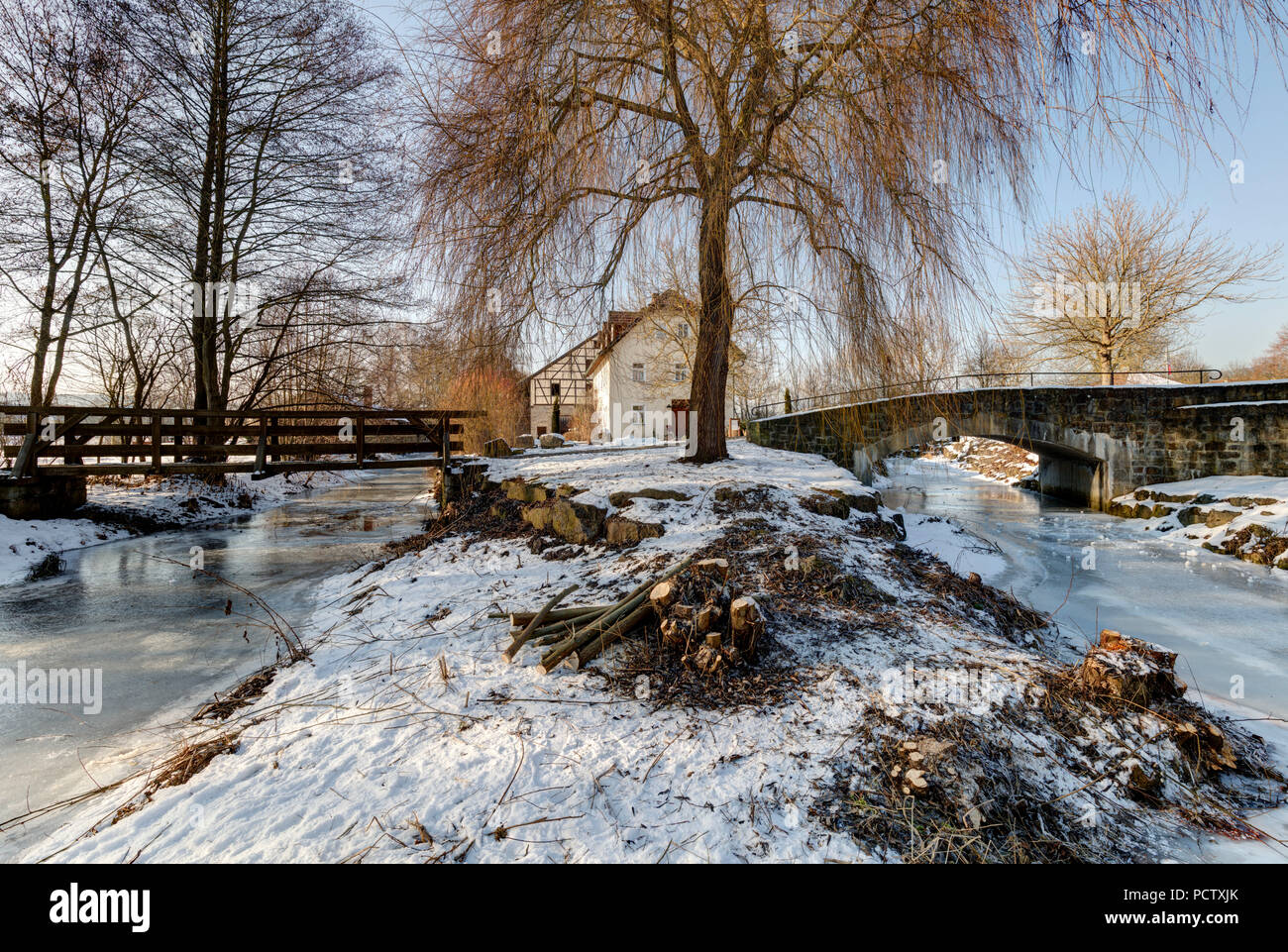 River, Streu, bridge, Ostheim vor der Rhön, Lower Franconia, Bavaria ...