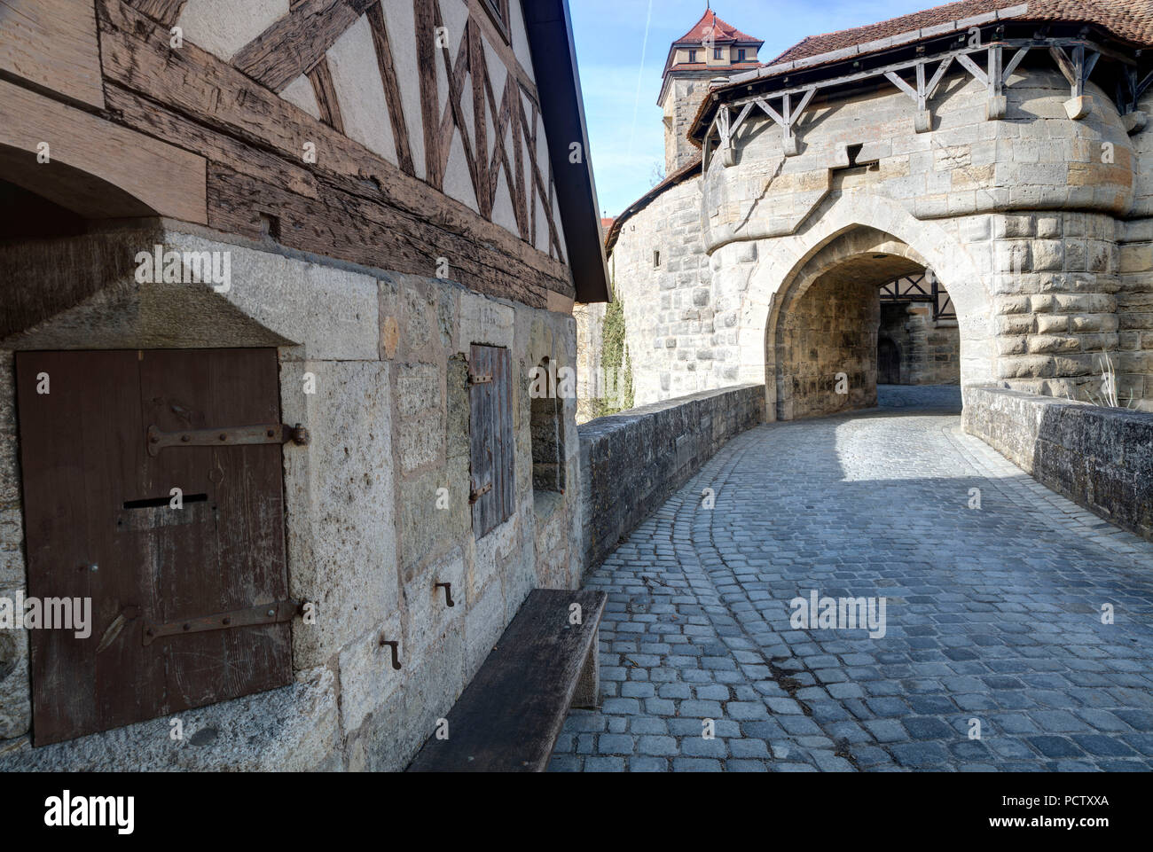Castle gate and castle garden in Rothenburg ob der Tauber, Franconia ...