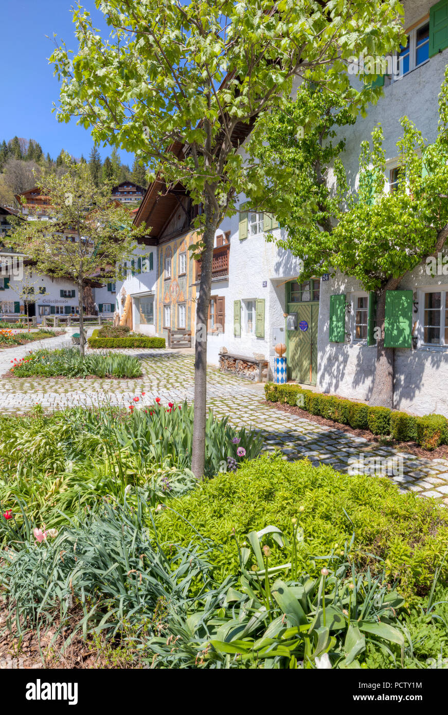 Village center in the Gries of Mittenwald, Spring, Bavaria, Upper ...