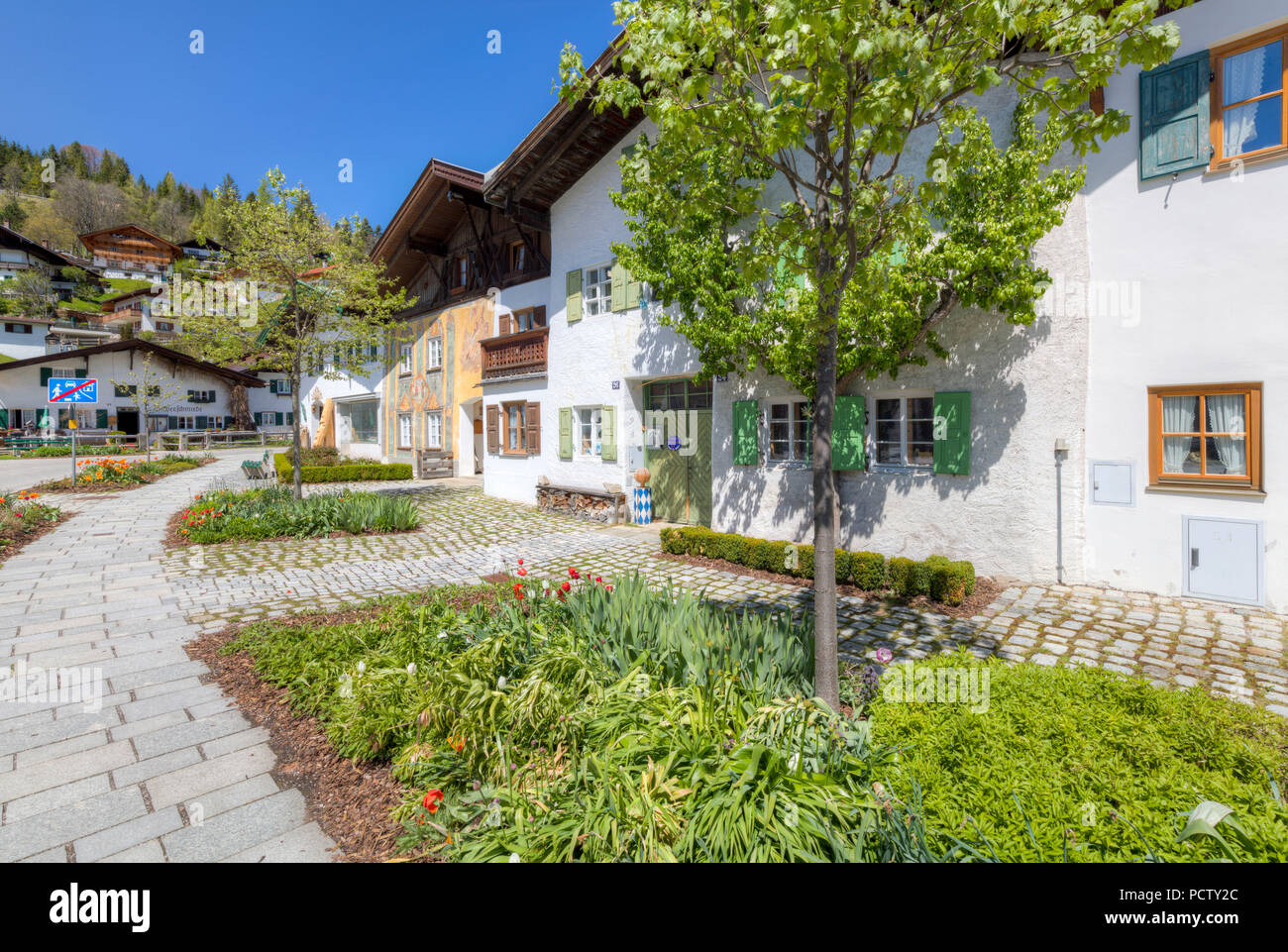Village center in the Gries of Mittenwald, Spring, Bavaria, Upper ...