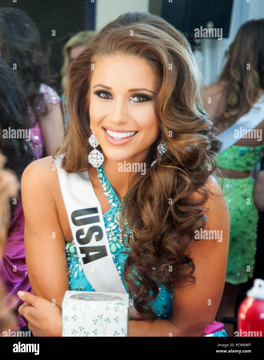 DORAL, FL - JANUARY 25: Nia Sanchez, Miss USA 2014 gets her makeup done ...
