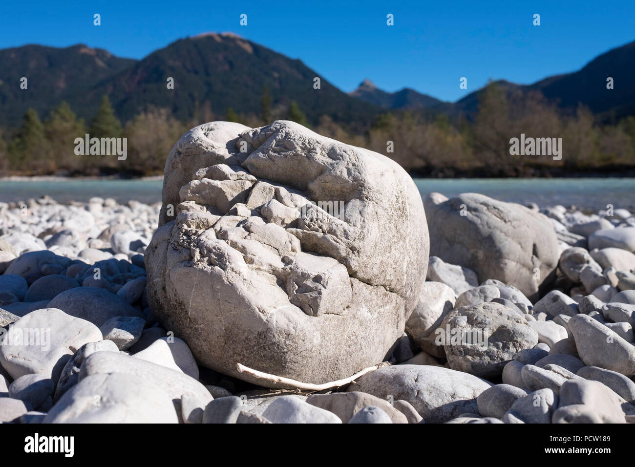 Dolomites, pebble on gravel bank of the Isar, Lenggries, Isarwinkel ...