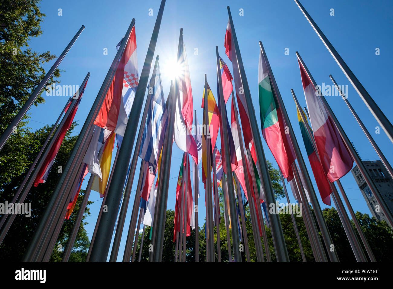 Flags in front of European Patent Office, Isarvorstadt, Munich, Upper ...