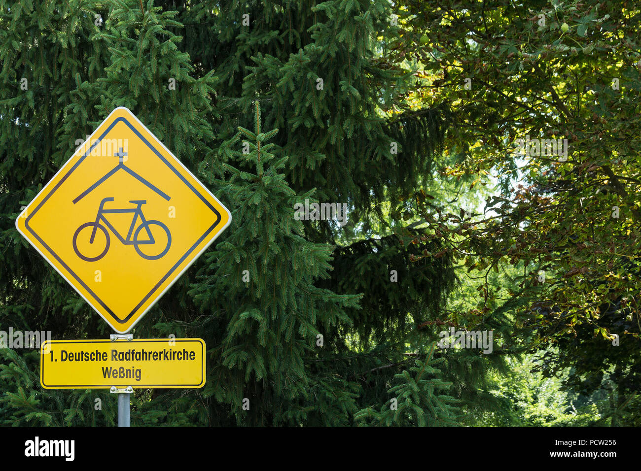Elbe Cycletour, Saxony, Weßnig, 1st German Cyclist Church, sign Stock ...