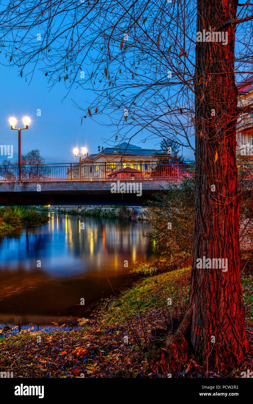 River Werra, bridge, city villa, castle park, blue hour, Meiningen ...