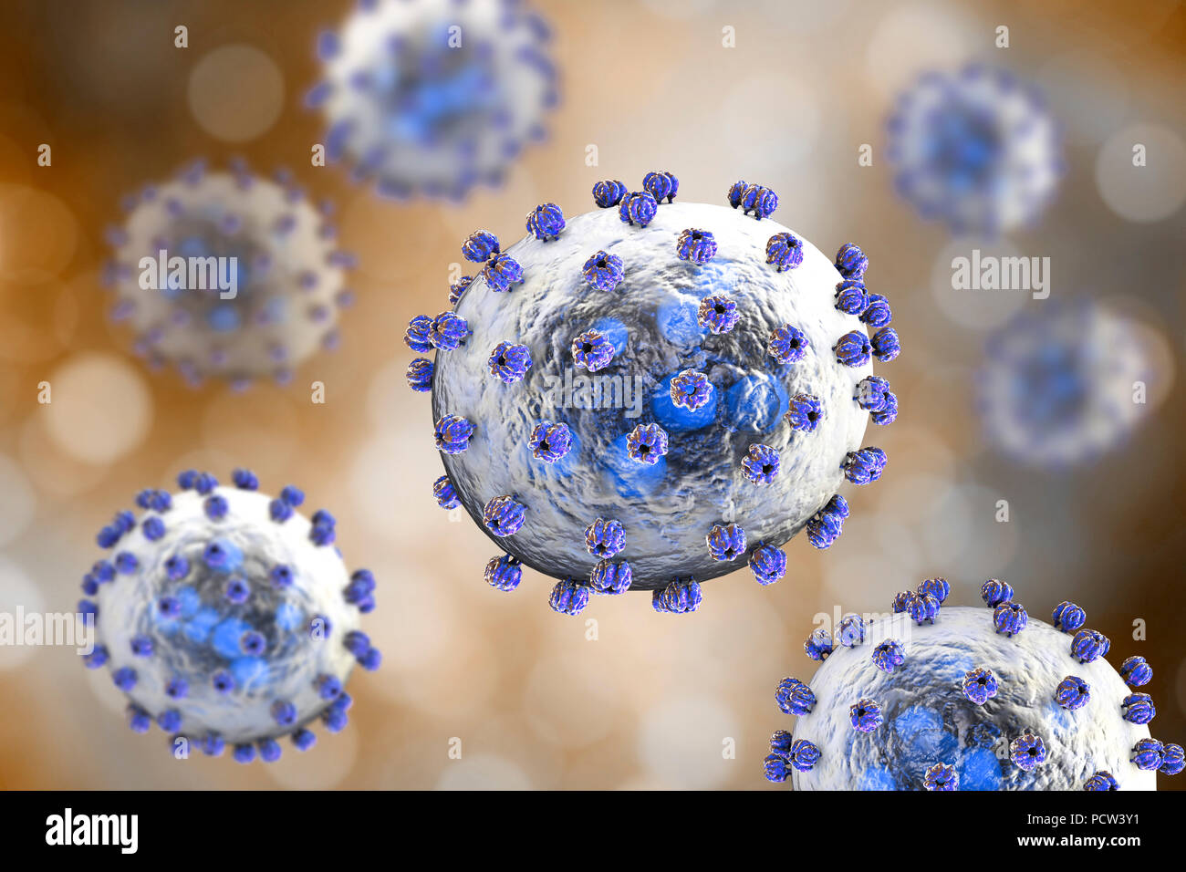 Lassa virus particles, illustration. Each virus consists of an RNA ...