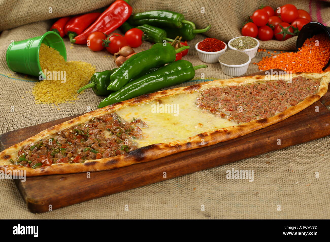 Turkish pizza (pide) with minced meat - Kiymali Pide, Pita Stock Photo ...