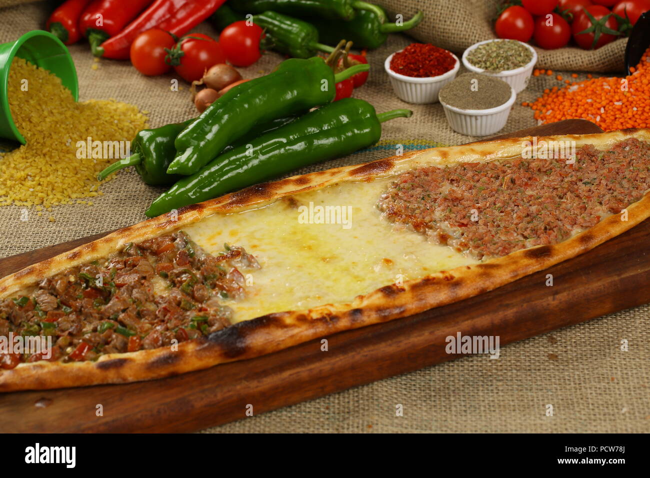 Turkish pizza (pide) with minced meat - Kiymali Pide, Pita Stock Photo ...