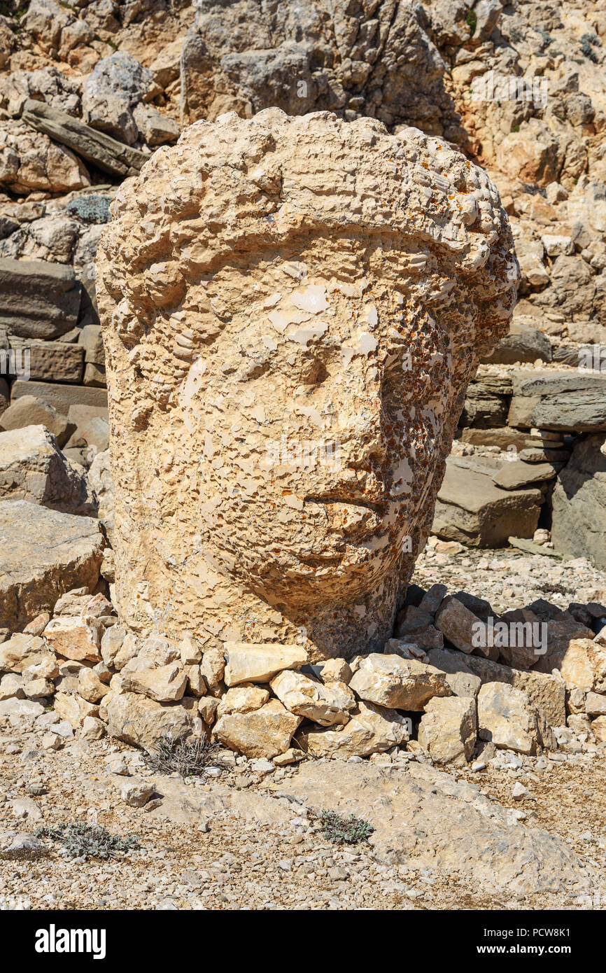 Commagene statue at East Terrace on top of Nemrut Mountain. Stone heads ...