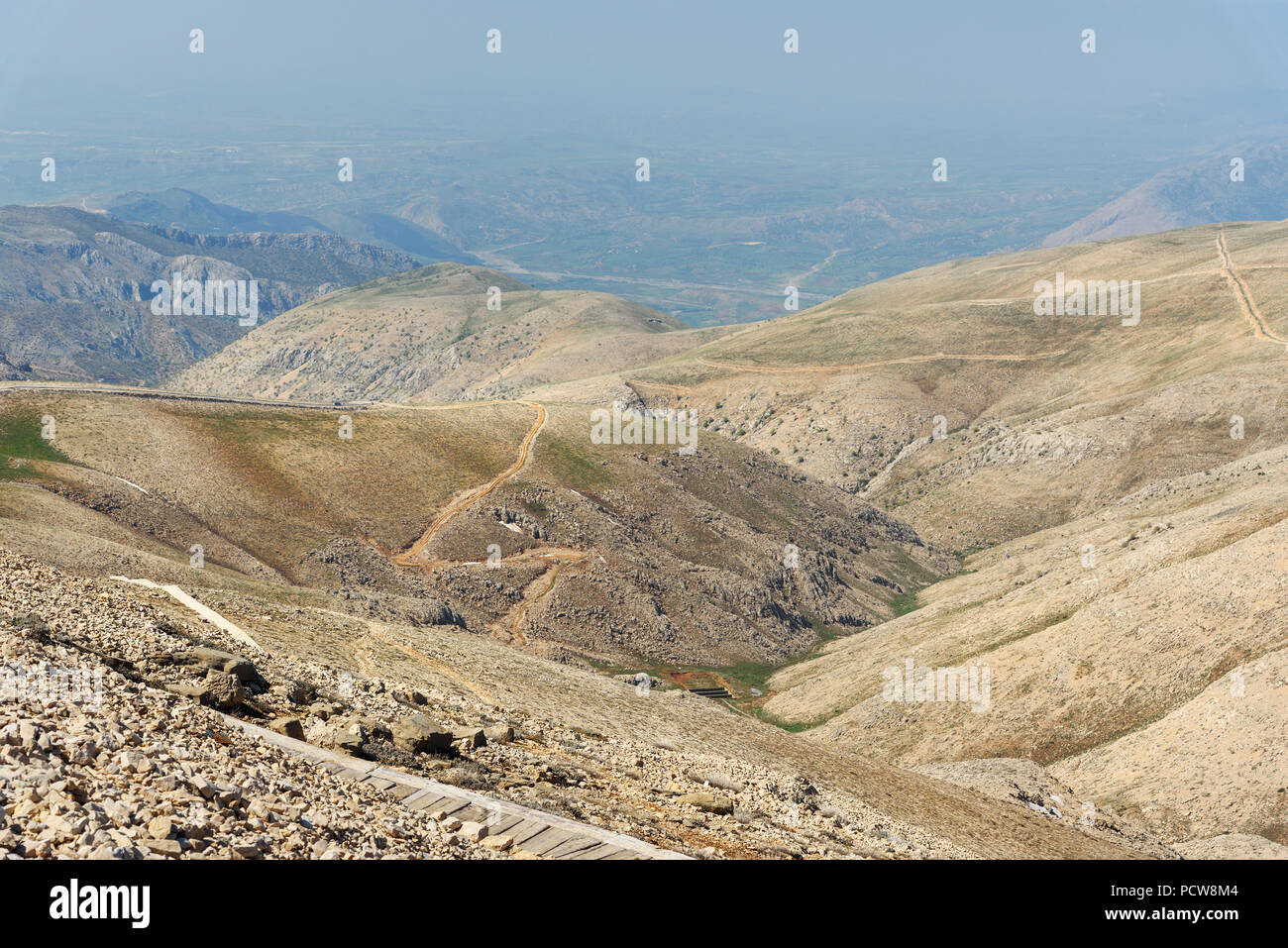 View from Nemrut Mountain. Stone heads at the top of 2150 meters high ...