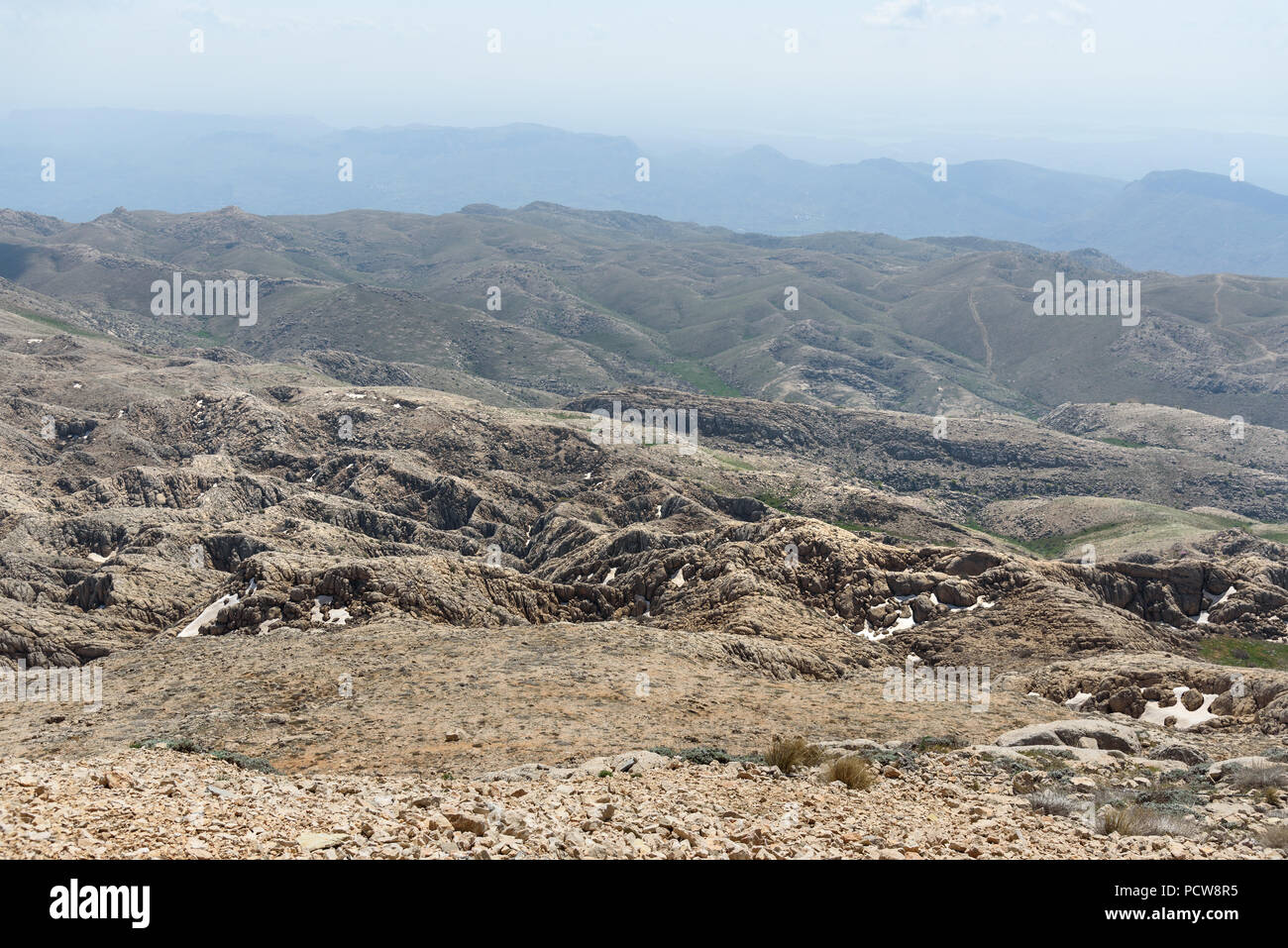 View from Nemrut Mountain. Stone heads at the top of 2150 meters high ...