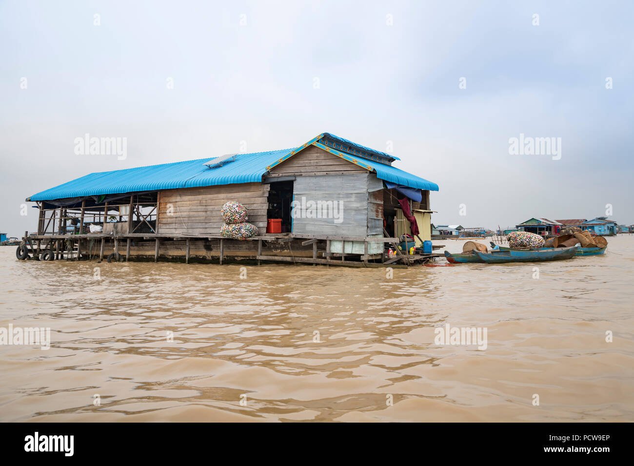 A floating village building on Tonle Sap Lake, Siem Reap Province ...