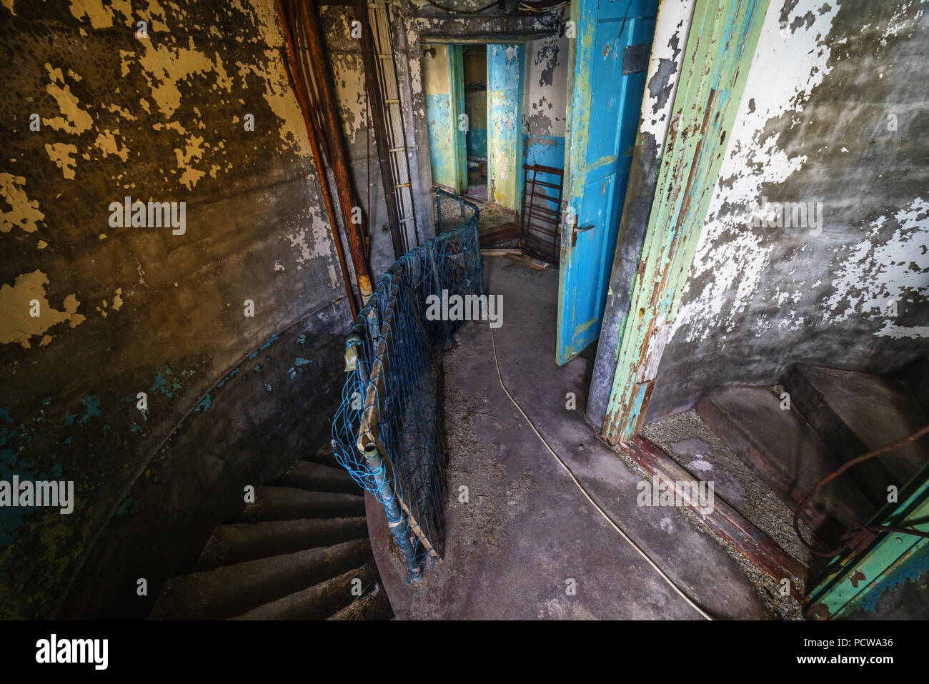 Destroyed interiors of the lighthouse "Aniva", Sakhalin Island, Russia ...