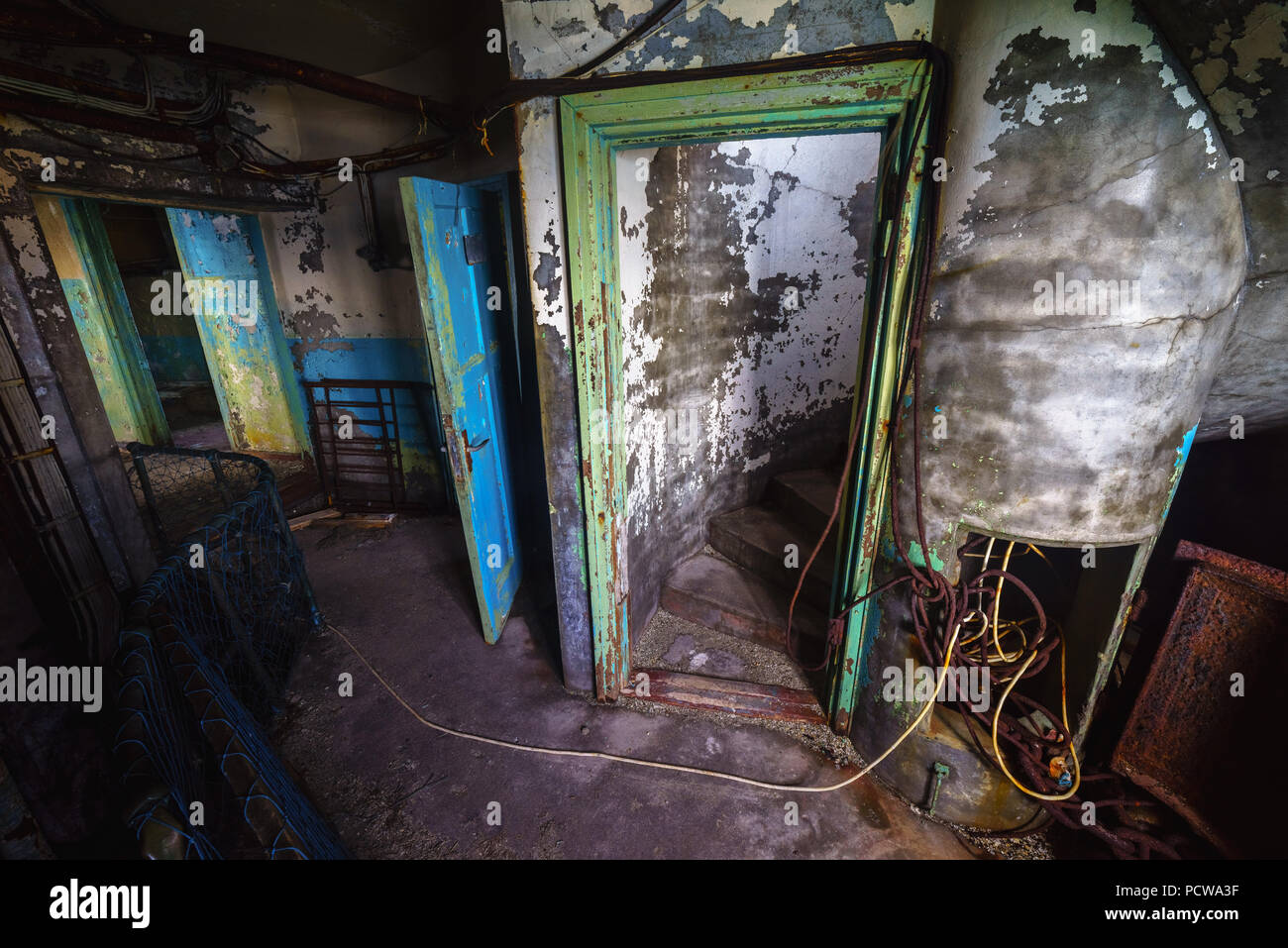 Destroyed interiors of the lighthouse "Aniva", Sakhalin Island, Russia ...