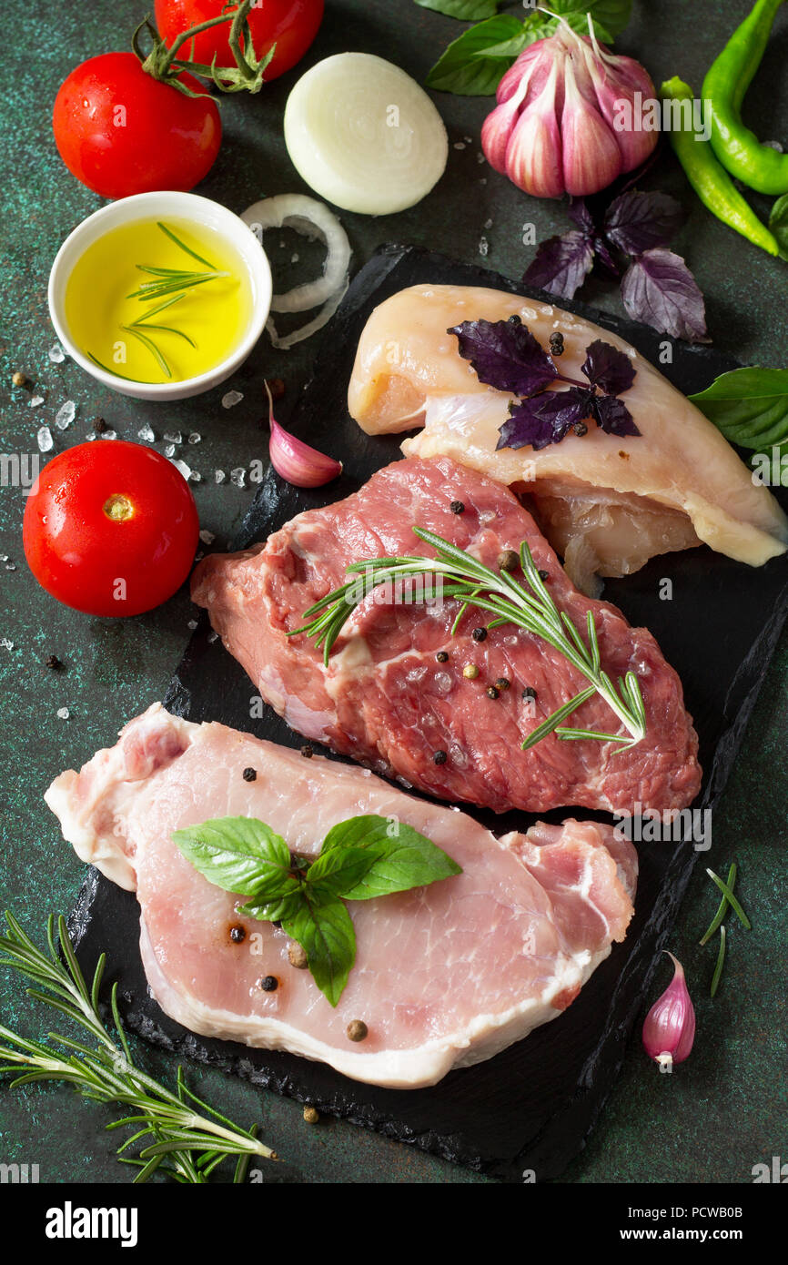 Fresh raw meat. Different types of raw pork meat, chicken fillet and ...