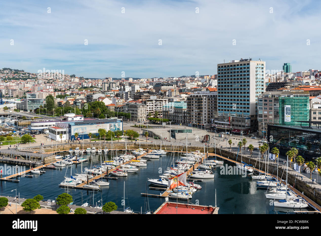Vigo, Spain - May 20, 2017: Cityscape of Vigo with moored yachts in the ...