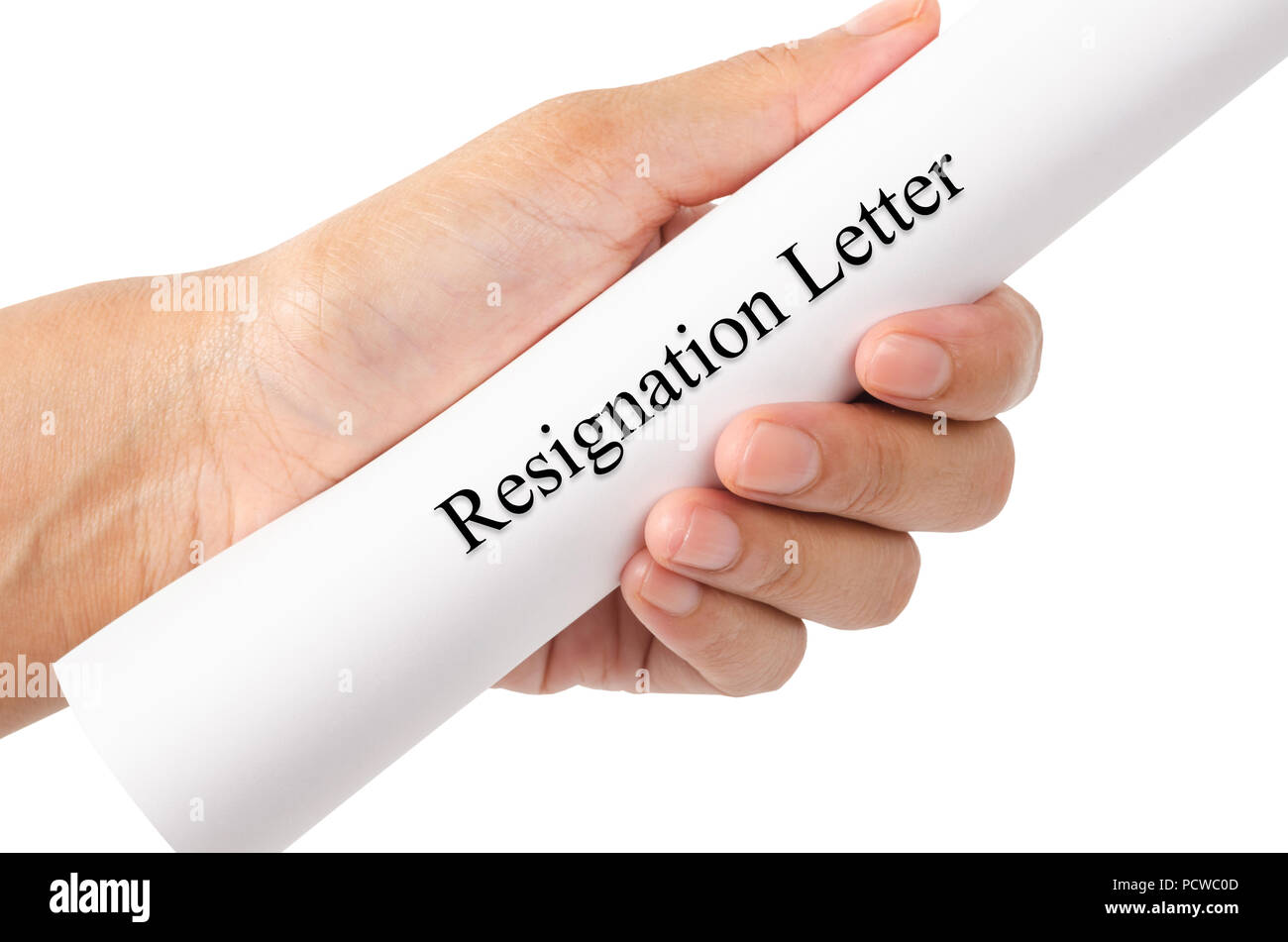Hand of a businessman hand over a resignation letter isolated on white ...