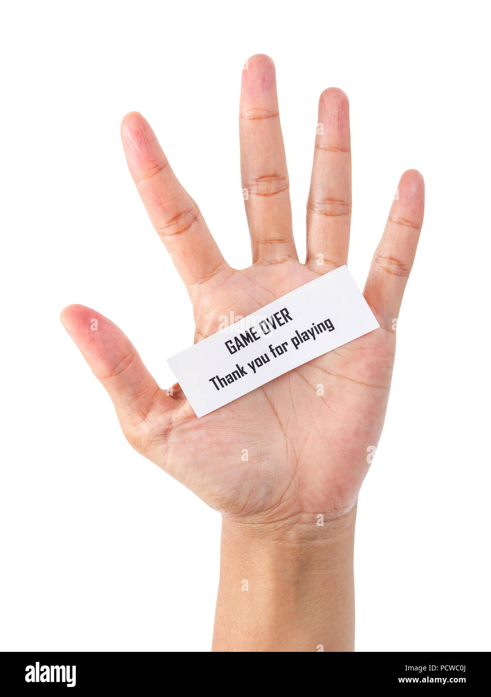 Game over on hand isolated on white background Stock Photo - Alamy