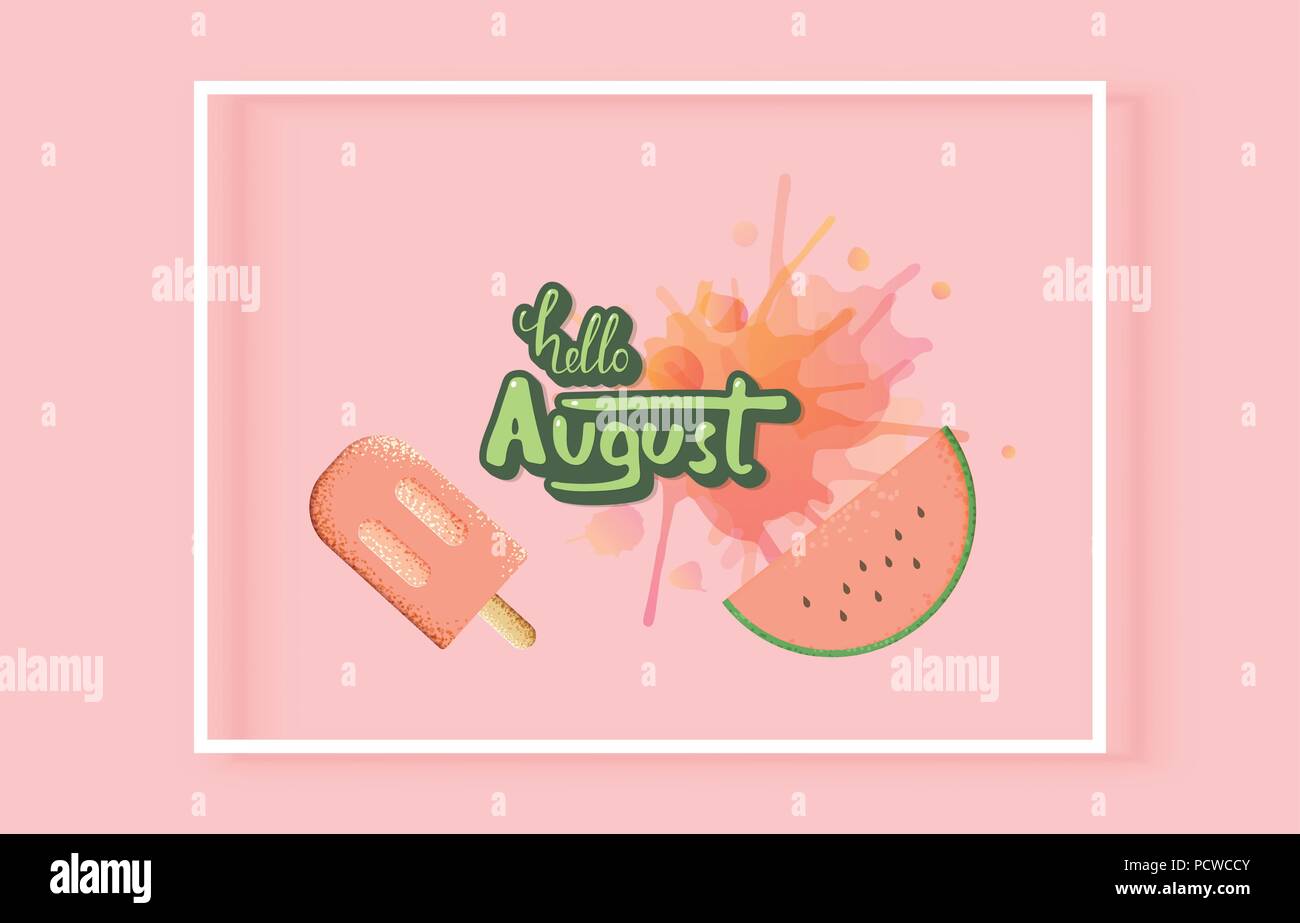 Hello august greeting card composition. Handwritten sticker lettering ...