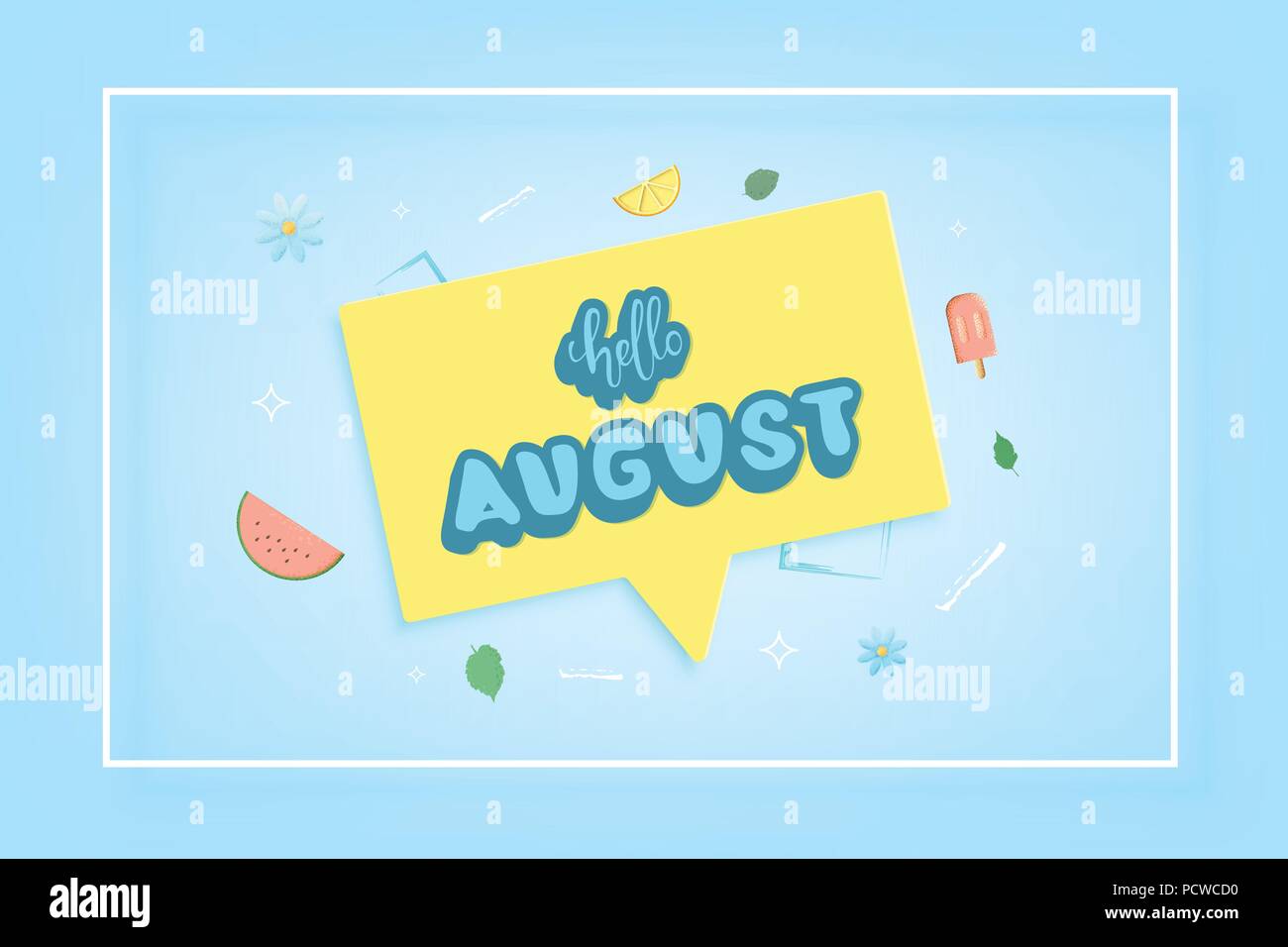 Hello august greeting card composition. Handwritten sticker lettering ...