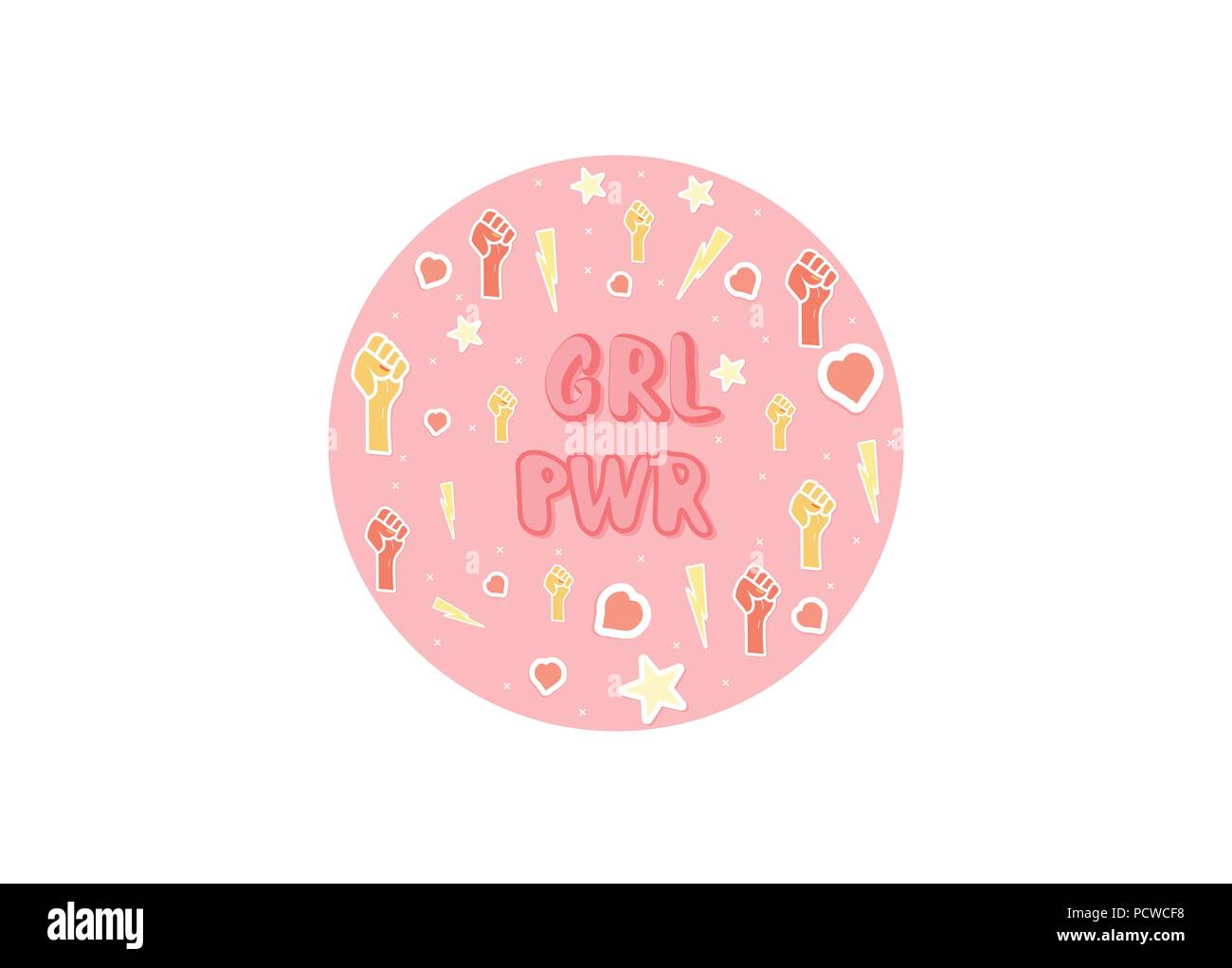 Girl power round composition stickers card. Background with simple ...