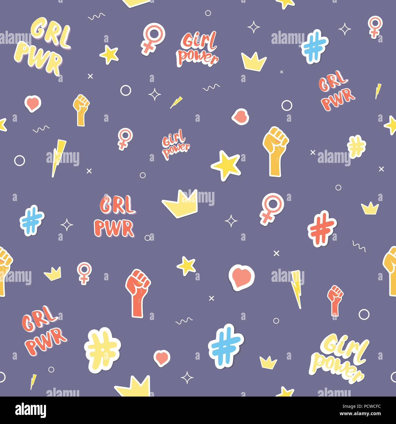 Girl power stickers seamless pattern card. Background with simple items ...