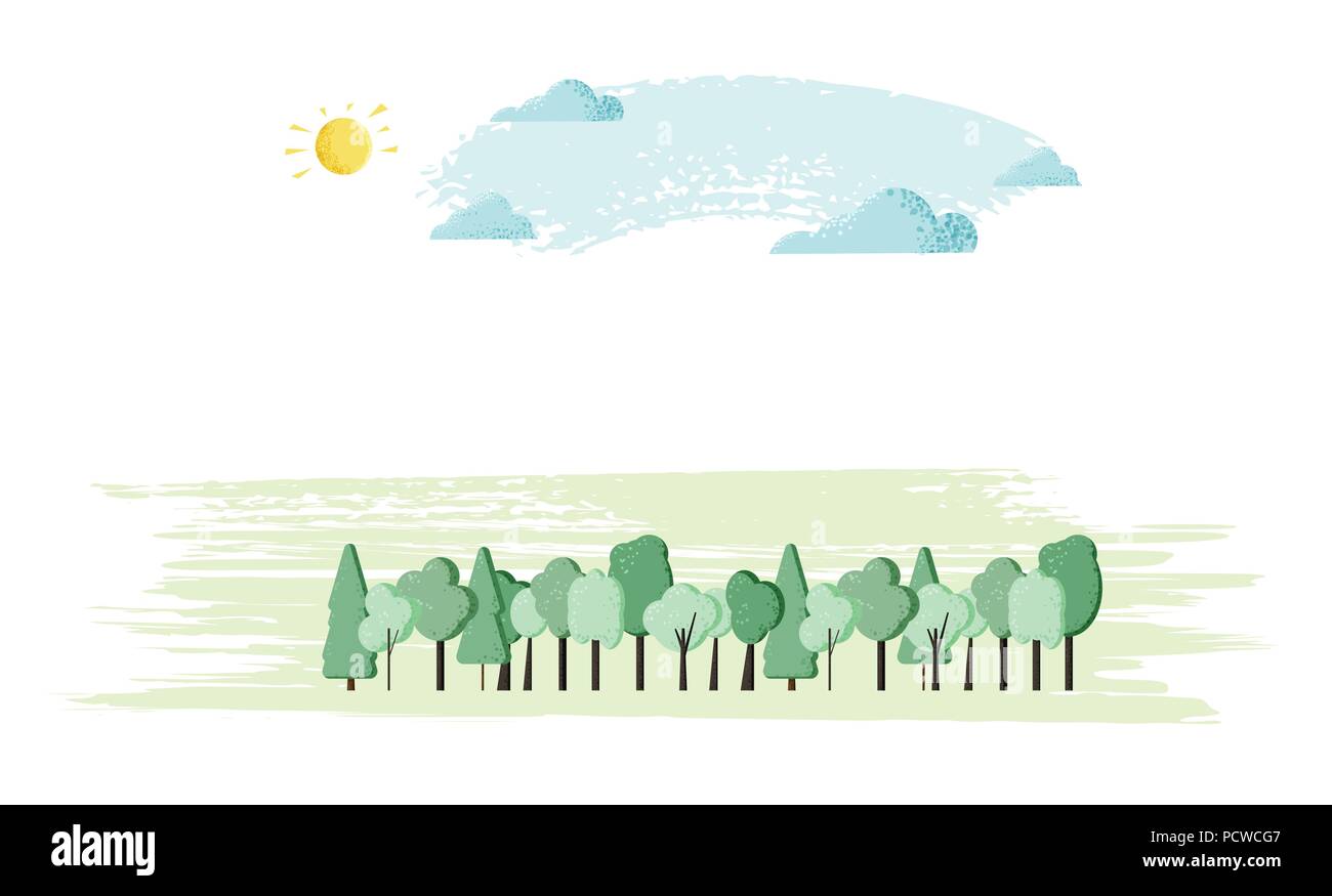 Sunny day composition background. Flat green trees, sun, clouds shape ...