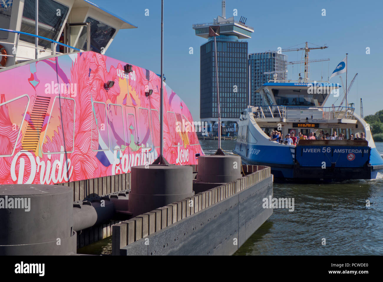 Ferry boat painted with colours of Amsterdam Gay Pride 2018, the LGBT ...