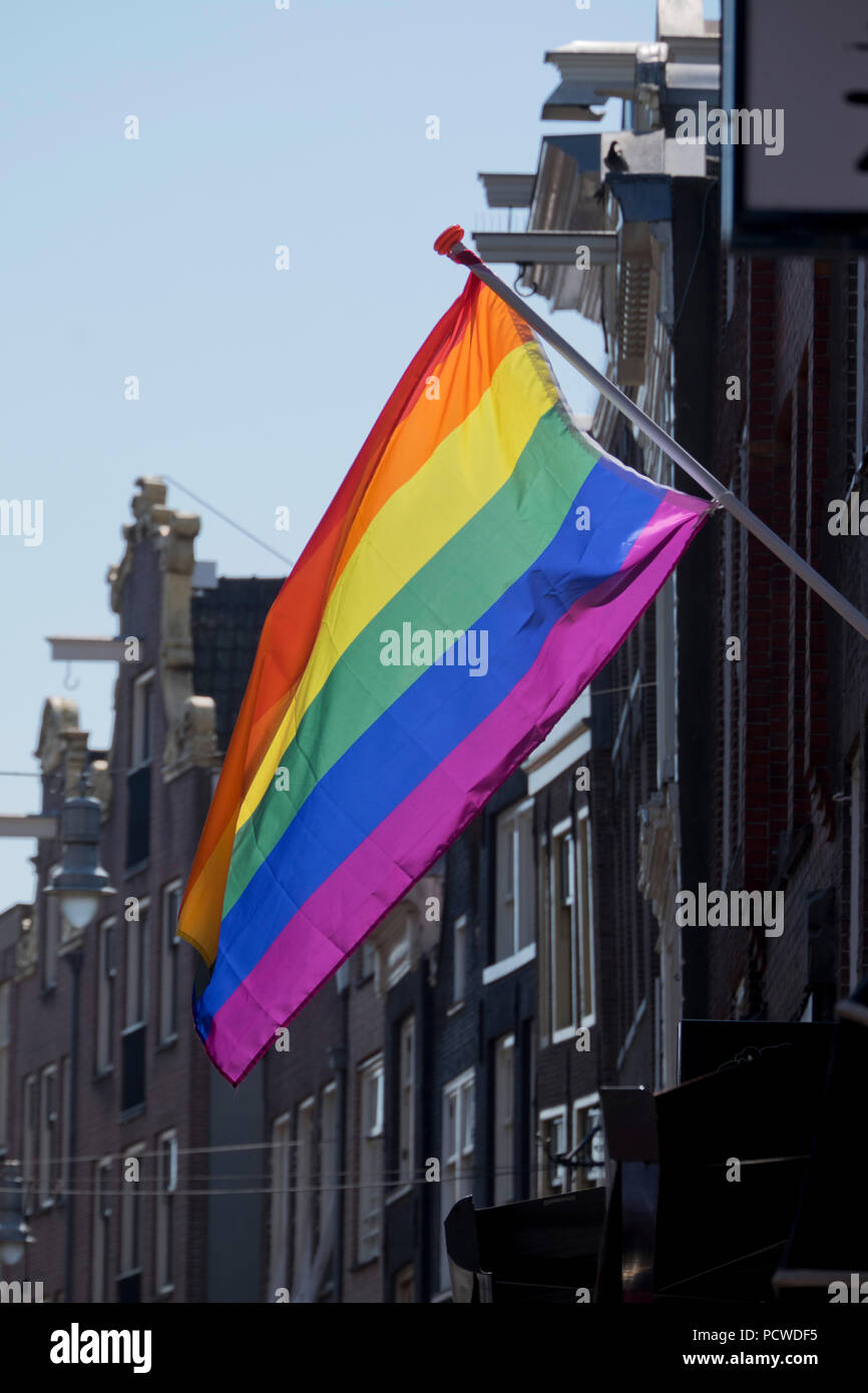 Banners and flags at Amsterdam Gay Pride 2018, the LGBT festival to ...