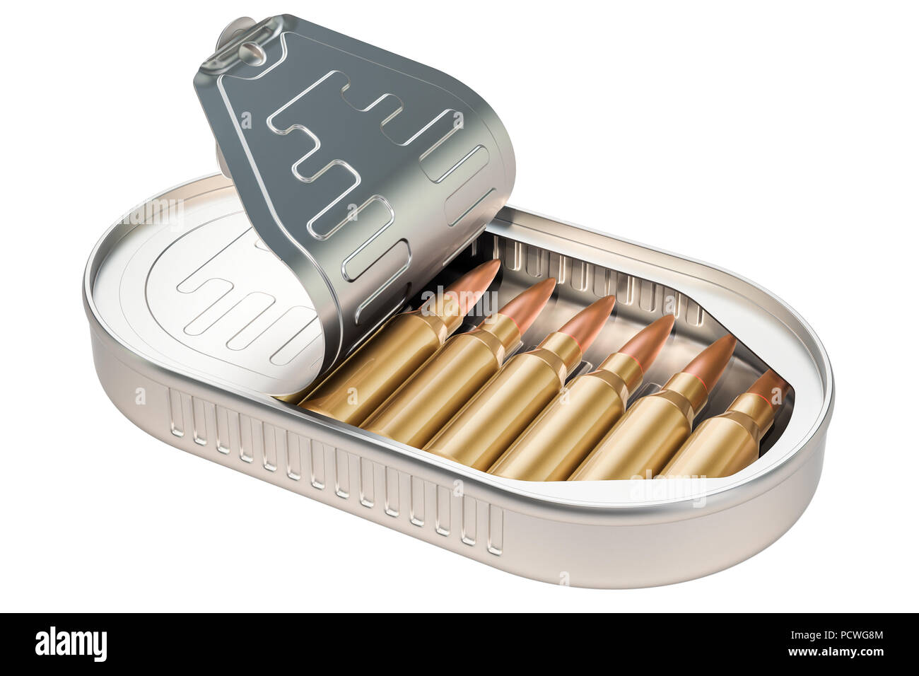 Tin can with bullets inside, 3D rendering isolated on white background ...