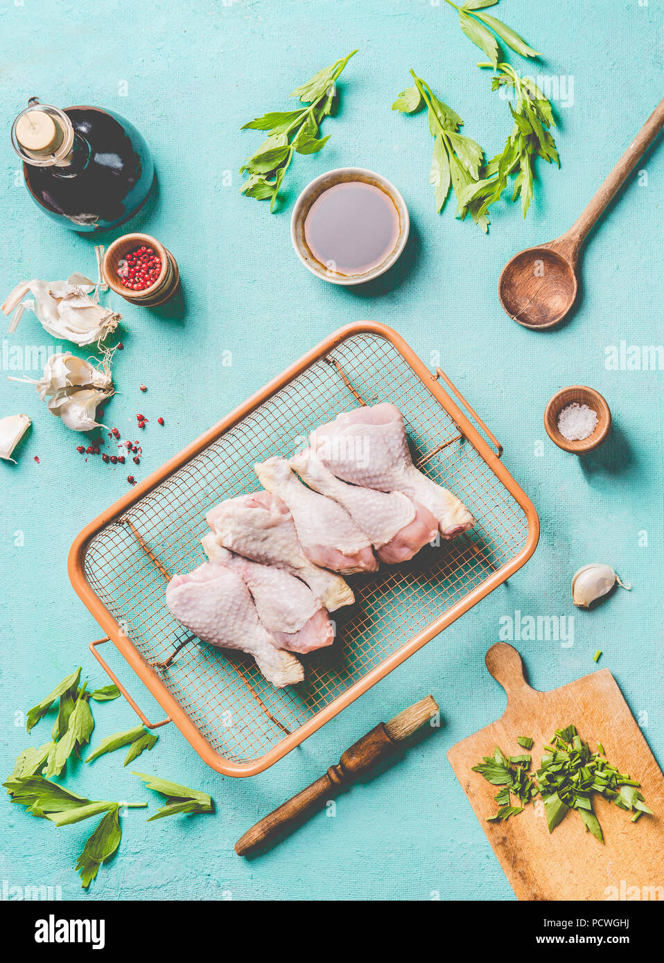 Cooking preparation of raw chicken drumsticks. Raw Chicken legs on ...