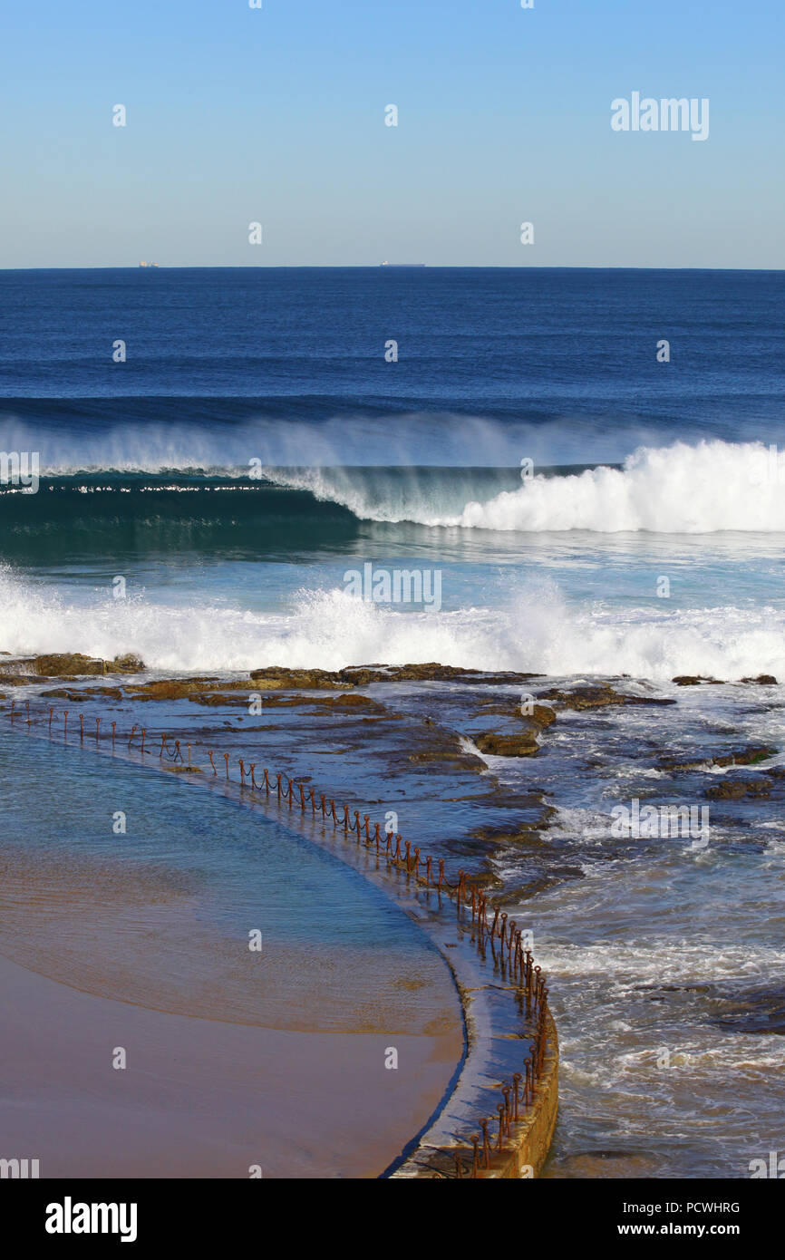 Large waves break infront of the "canoe pool" at Newcastle Beach - NSW ...
