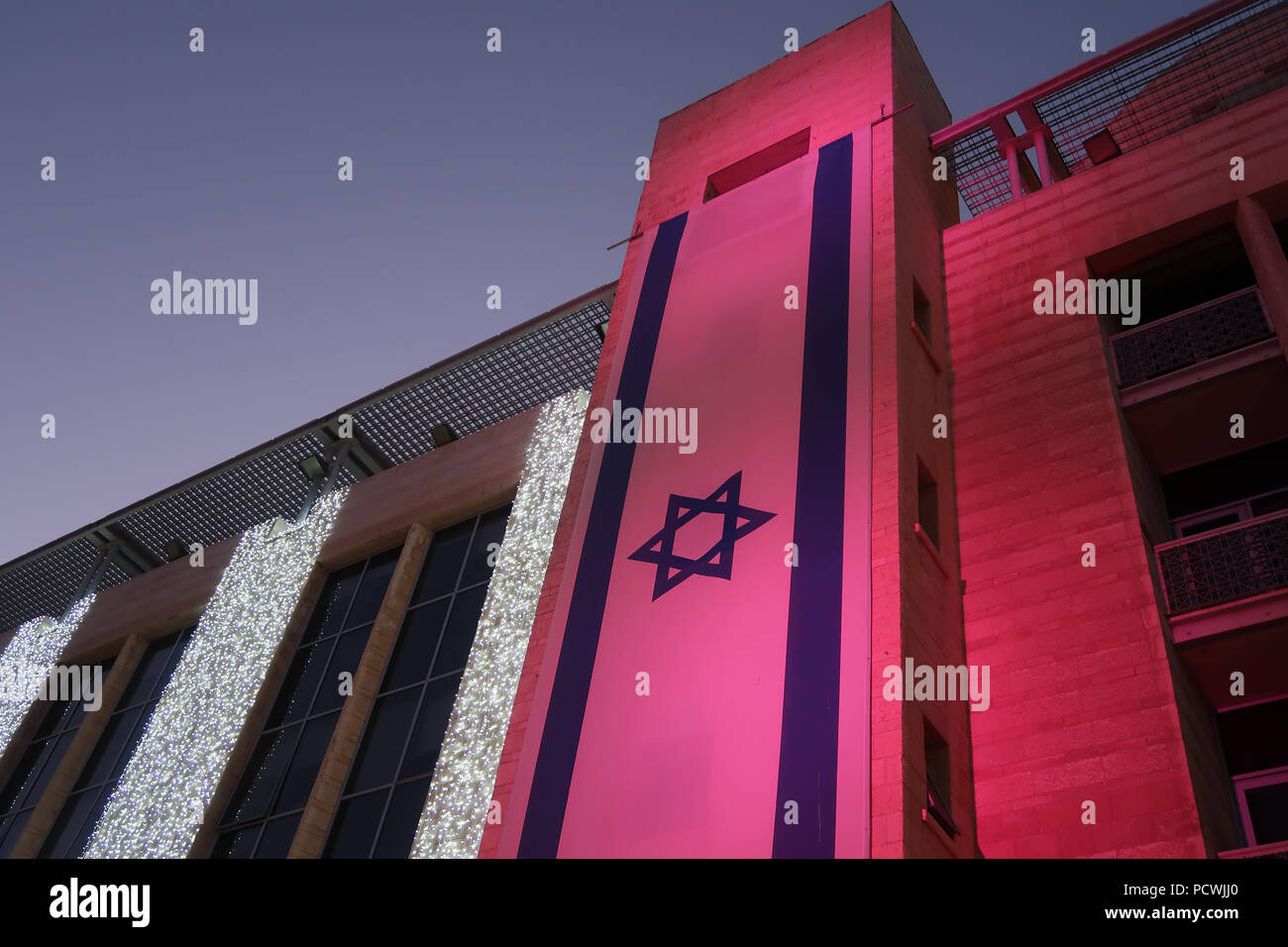 Large Israeli national flag hangs at the Jerusalem city hall in Safra ...